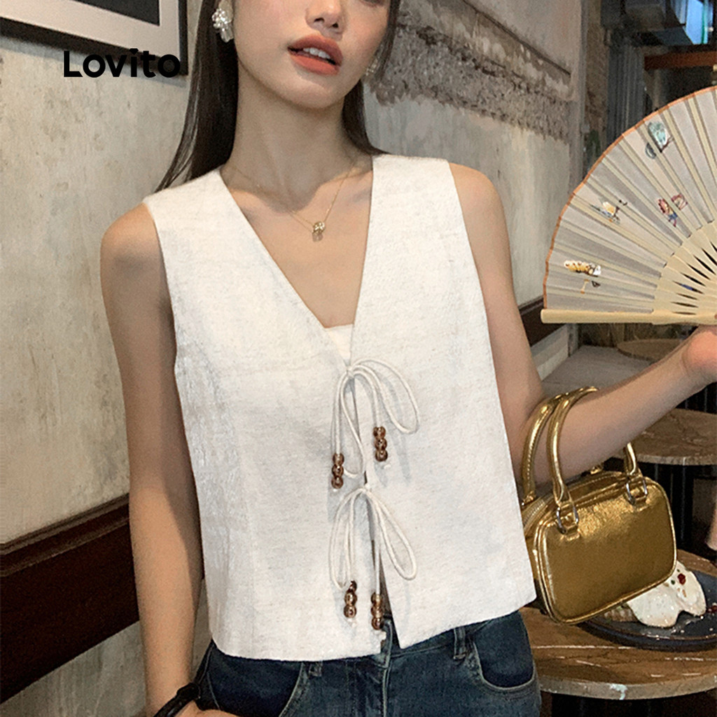(Trendy) Lovito Casual Top Beaded Bow Front Summer/Spring Tank Top for ...