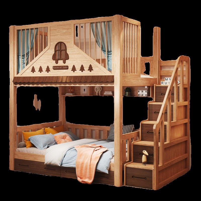 All Solid Wood Bunk Bed Double Layer Bed High and Low Bed Parent-Child Bed Double High Guardrail ...