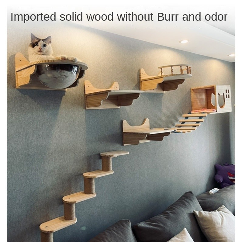 Cat Climbing Frame Wall-Mounted Cat Nest Cat Tree Solid Wood Wall ...