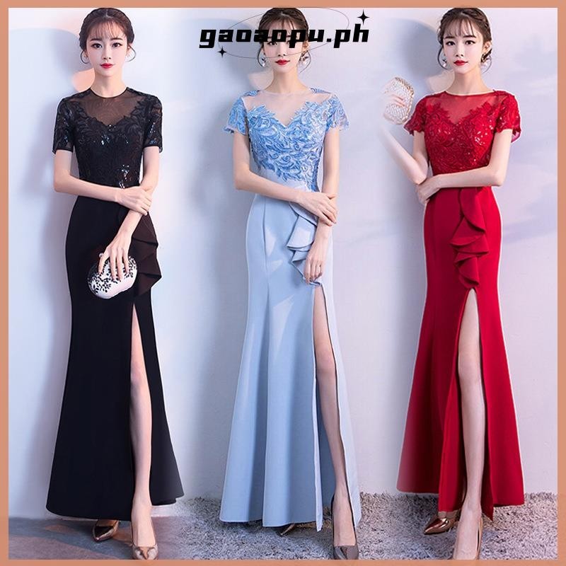 Woman Elegant High Split Long Gown Maxi Dinner Dress Black/Blue/Red ...