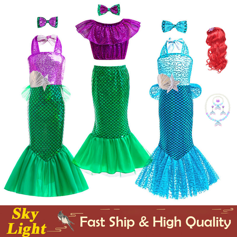 3Colors Mermaid Purple Blue Dress For Kids Girl Princess Ariel ...