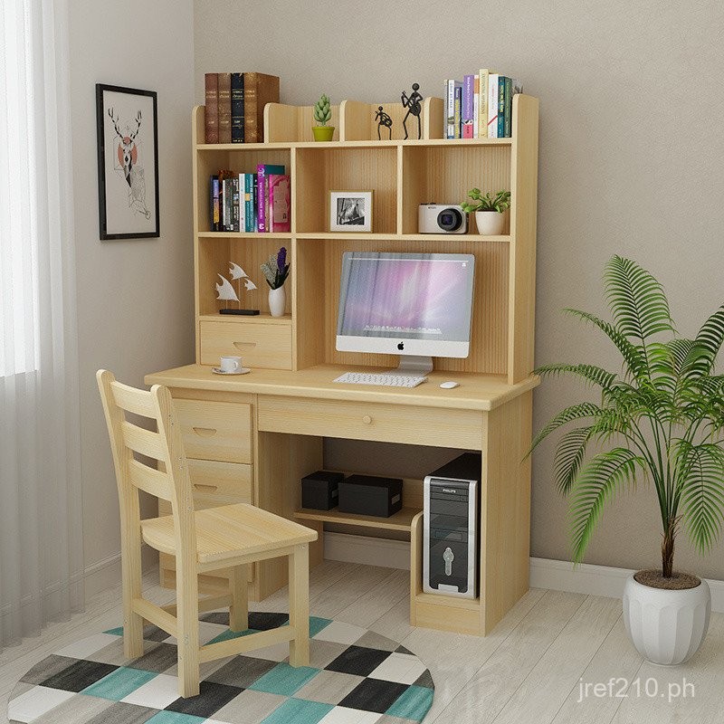Solid Wood Desk and Bookshelf Combination Long Pine with Bookshelf ...
