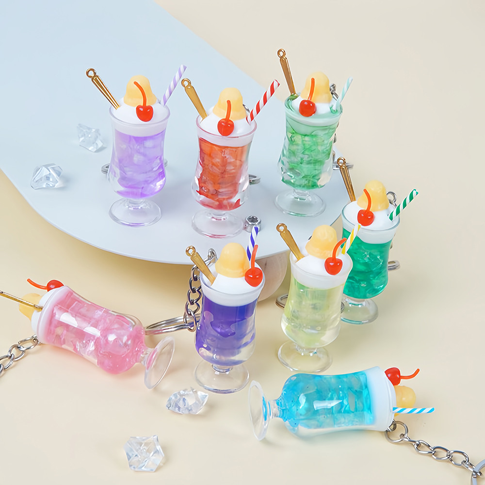 Mini 3D Ice Cream Cup Keychain Fruit Tea Cold Drink Keyring Women Car ...