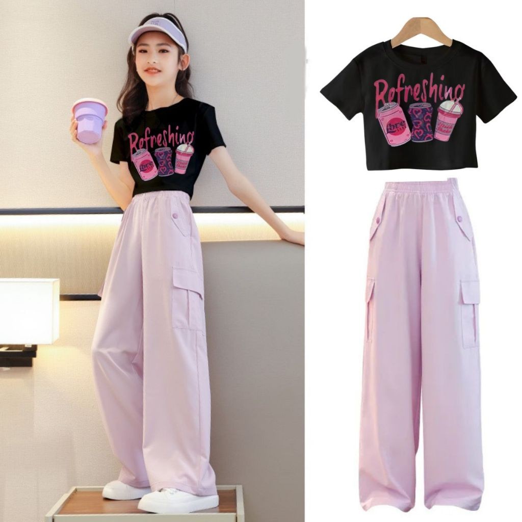 3-14 Years Old Terno Set for Girls Ice Silk Wide Leg Cargo Pants ...
