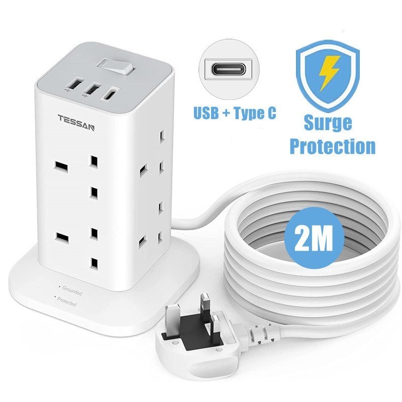 (Ready stock) tessan multi plug tower extension socket with 3 USB (type ...