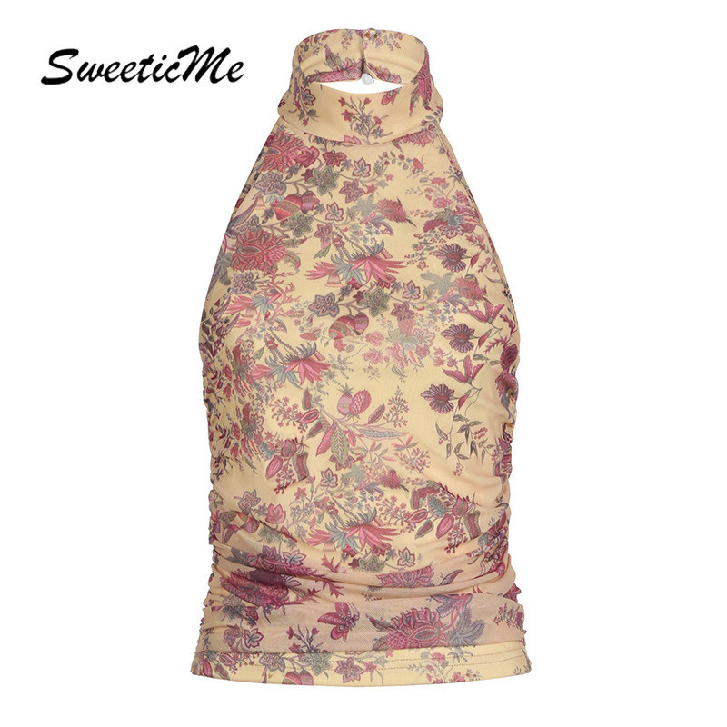 SweeticMe Women's New Fashion Retro Print Sexy Backless Mesh Causal ...