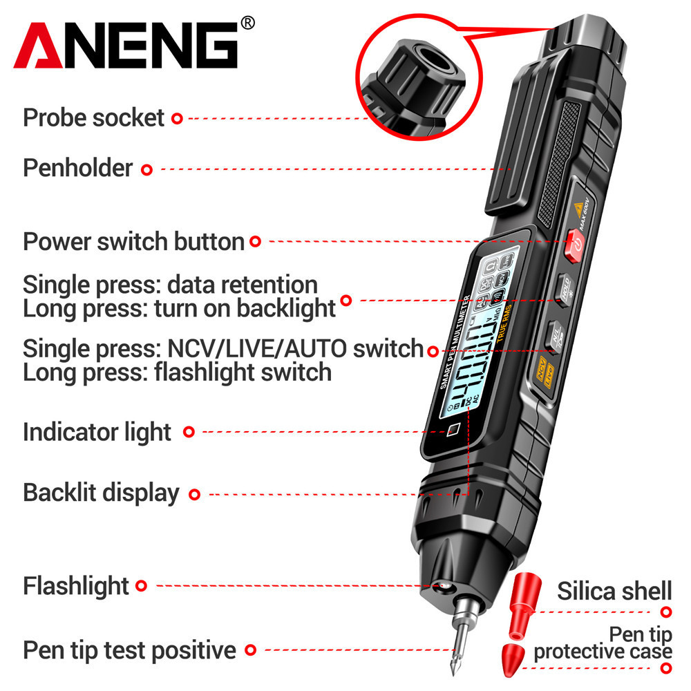 Aneng A3005 Digital Multimeter Pen Type Meter 4000 Counts AC/DC Voltage ...