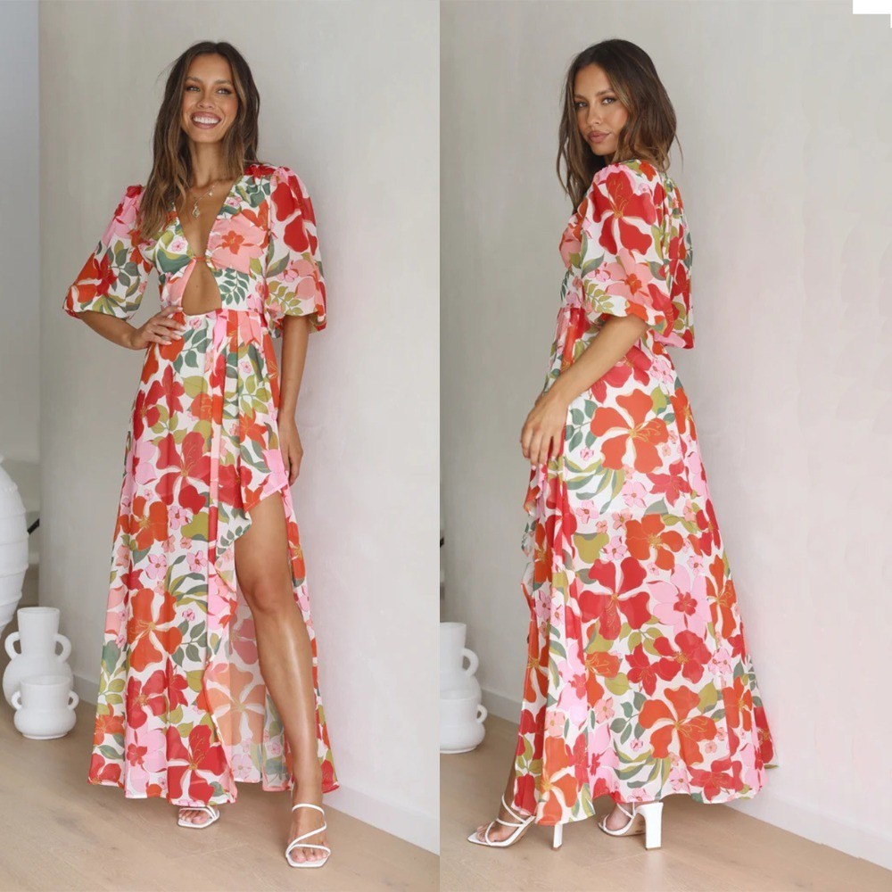 2024 New Printed Sexy Deep V Exposed Navel Split Long Dress | Shopee ...