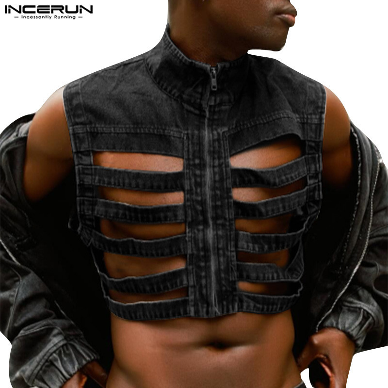 INCERUN Men Vintage Fashion Hollow Zip Design Cut-Off Burnout ...