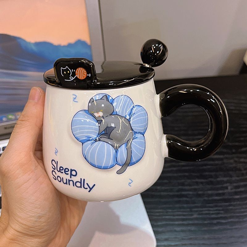 Embossed Cat Cup Mug with Cover Spoon Creative Design Feeling ...