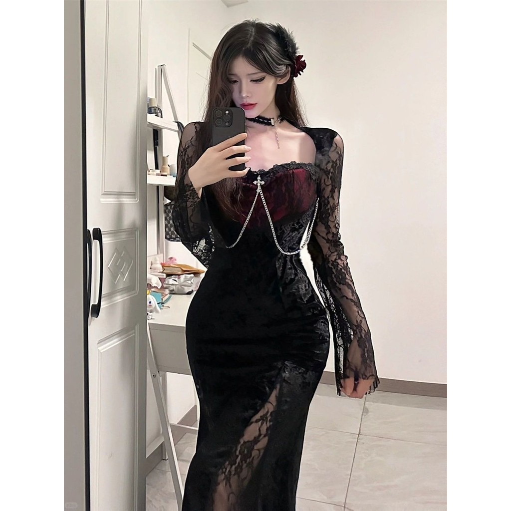 Papinas Dark Goth Elegant Socialite Design Long Sleeve Dress Summer New ...
