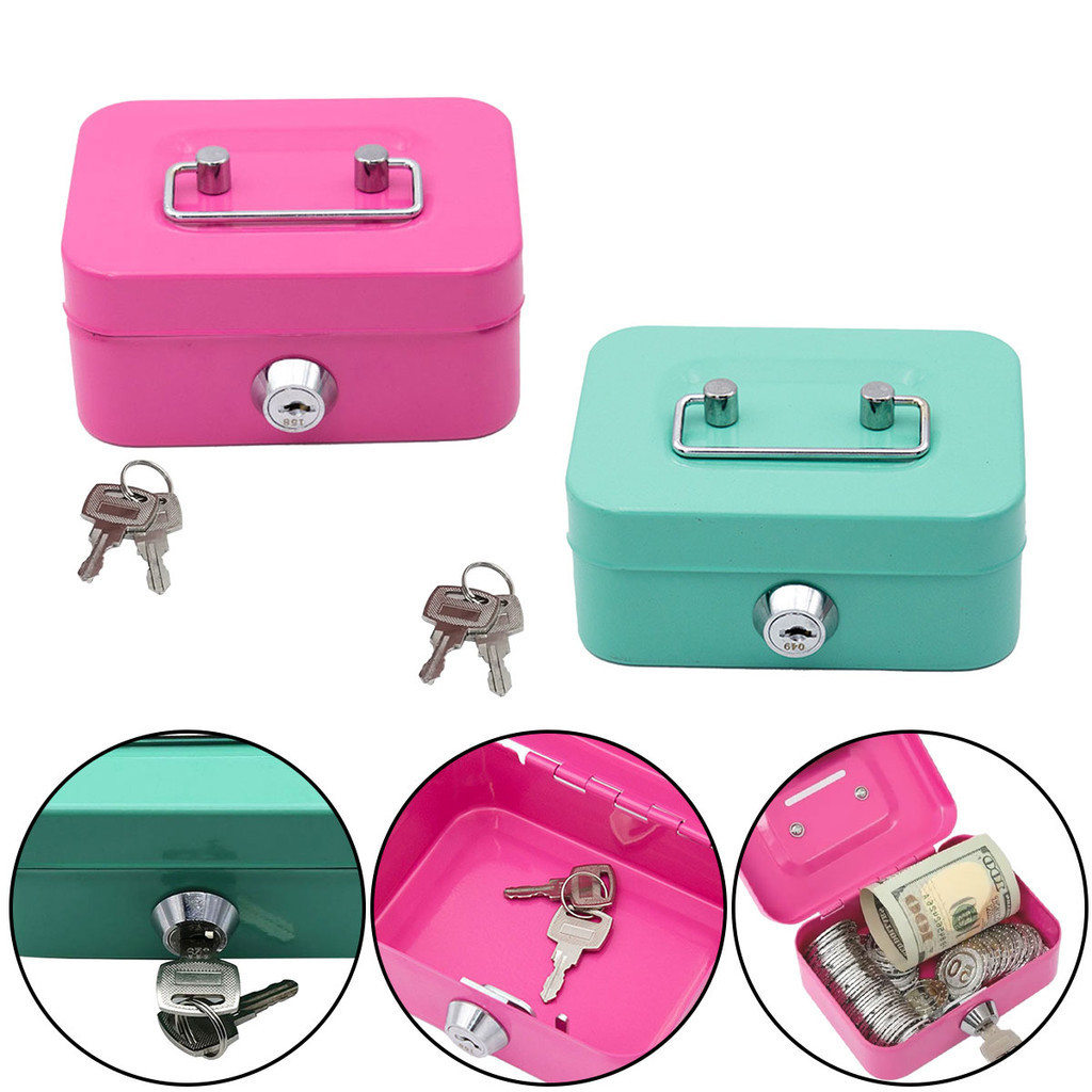 New Mini Cash Box Metal Key Money Bank Small Security Lock Box Portable ...