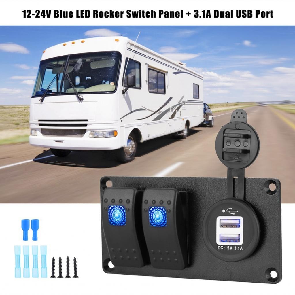 Houglamn 2 Gang 12-24V Blue LED Rocker Switch Panel with 3.1A Dual USB ...