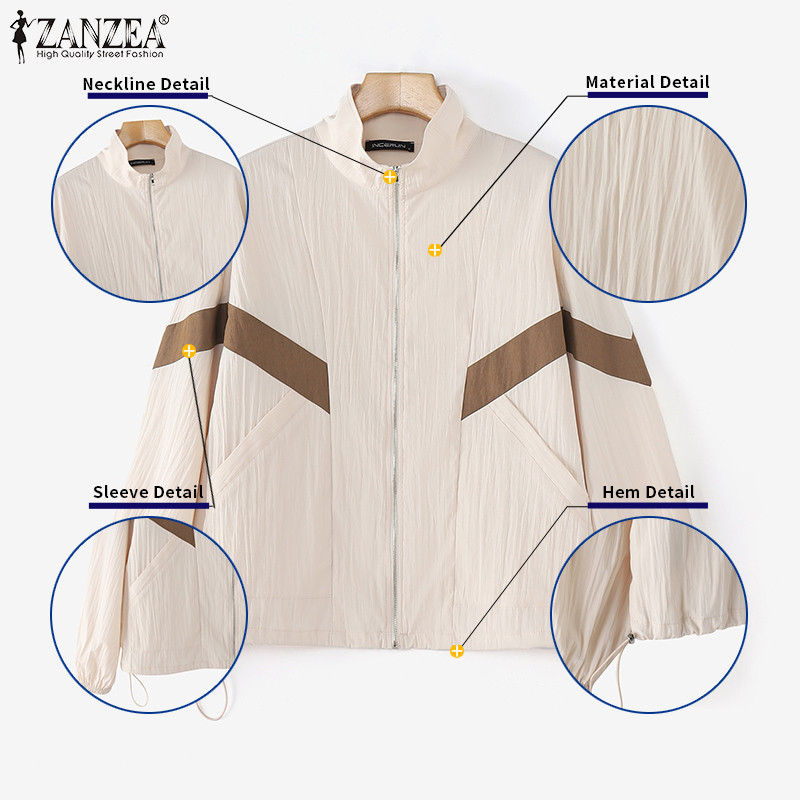 ZANZEA Women Korean Fashion High Neck Metal Zipper Contrast Splicing ...