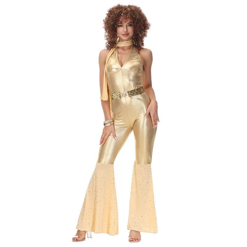 Adult Women Retro 70s Disco Singer Dancer Sequins Gold Jumpsuit ...
