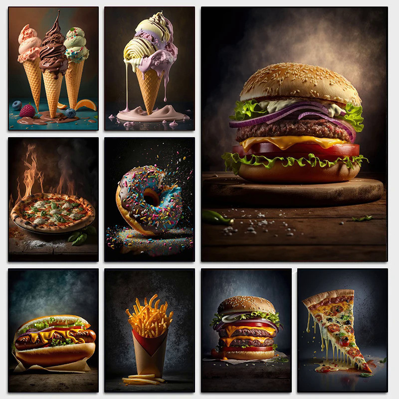 Delicious Street Food Pizza Hamburger Hot Dog Ice Cream Poster Canvas ...
