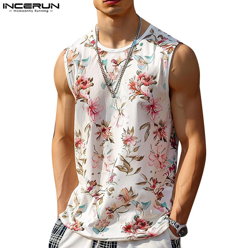 INCERUN Men Korean Casual Round Neck Floral Print Sleeveless Design ...