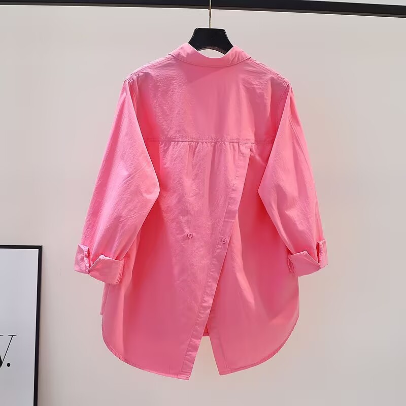 Back Slit Rose Pink Cotton Shirt Women Loose Long-Sleeved Shirt 2025 ...