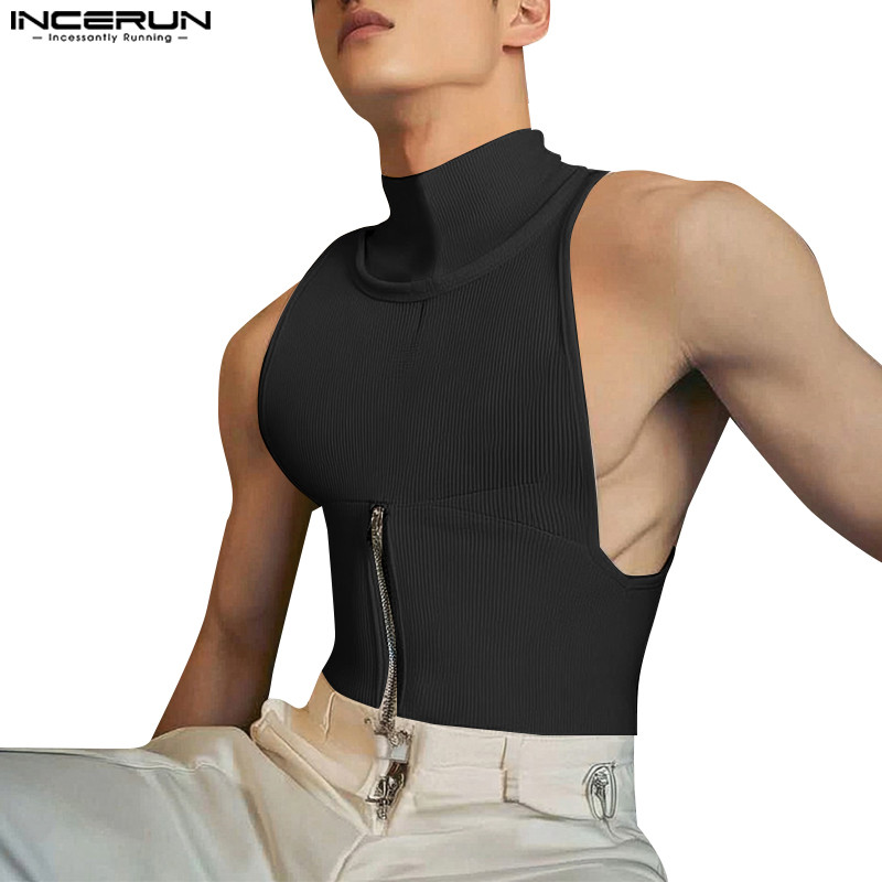 INCERUN Men's Fashion Texture Zipper Design High Neck Sleeveless Tank ...