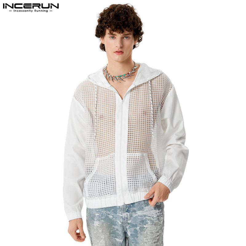 INCERUN men's checkered mesh patchwork hooded long sleeved zippered ...