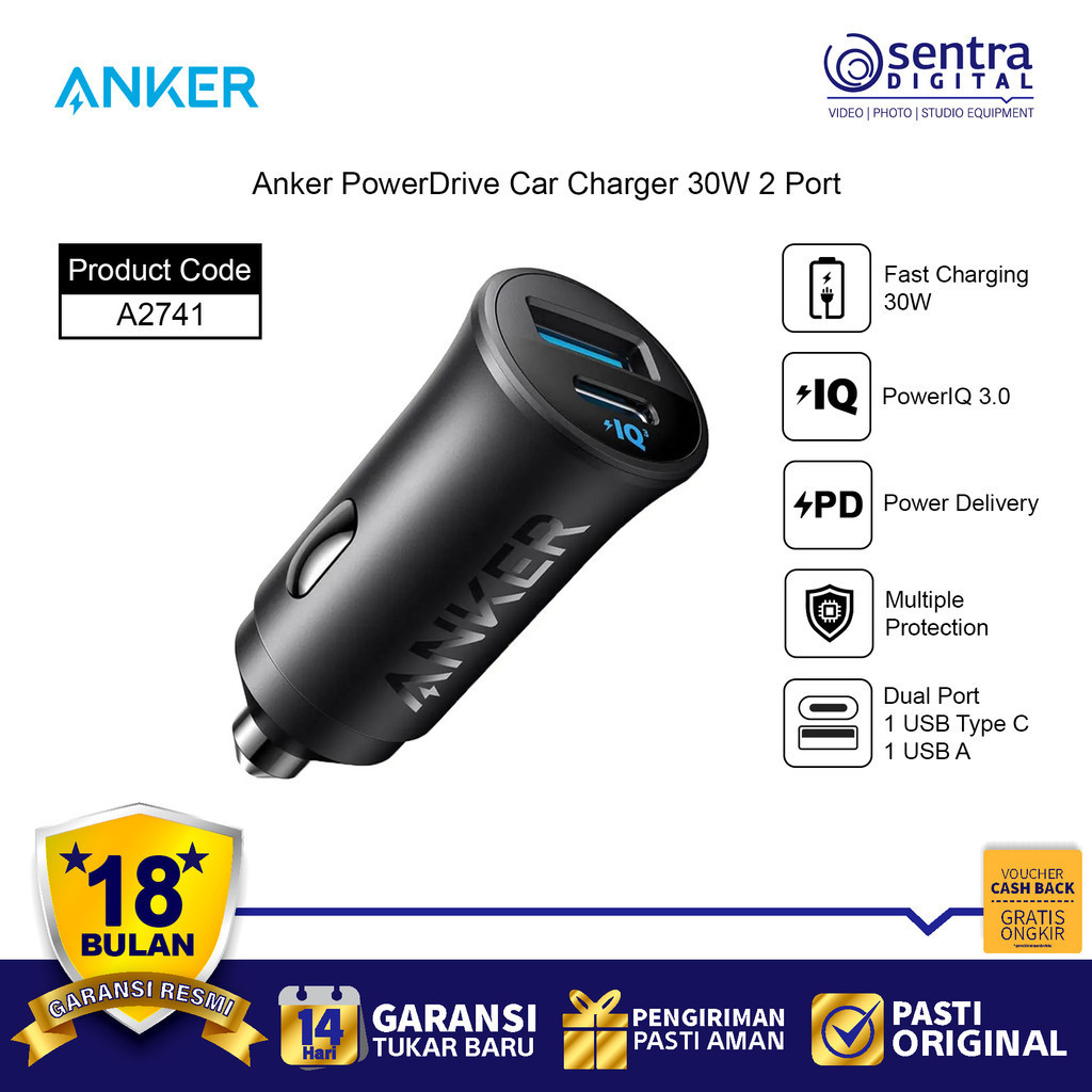 Anker Car Charger 30W Dual Port USB A Type C Fast Charging Car Black ...