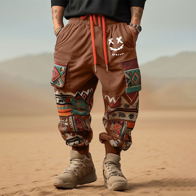 ChArmkpR Men Smile Ethnic Geometric Print Patchwork Loose Drawstring ...