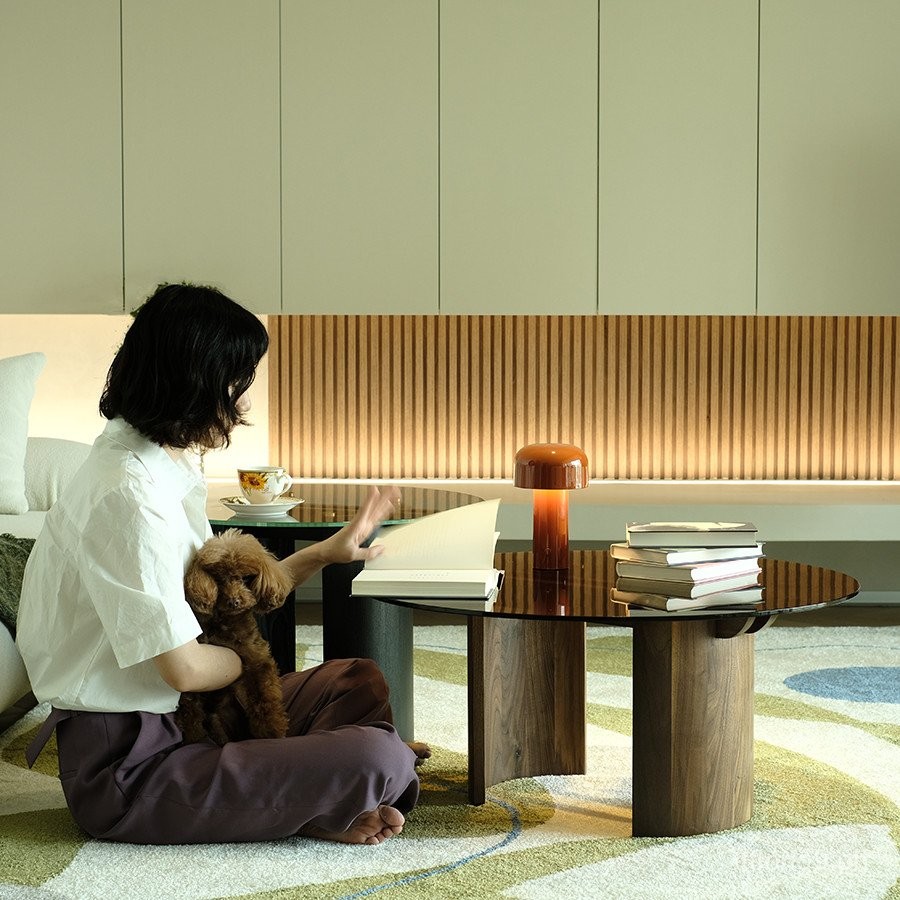 Ducang Tempered Glass Round Coffee Table Solid Teak High and Low ...