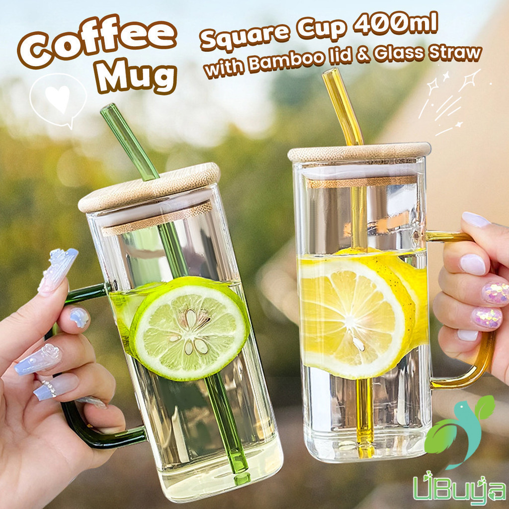 UB 400ml Creative Square Borosilicate Glass Cup with Colored Handle and ...