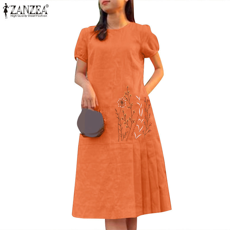 Zanzea Women Vintage Daily Short Sleeve O Neck Embroidery Pleated
