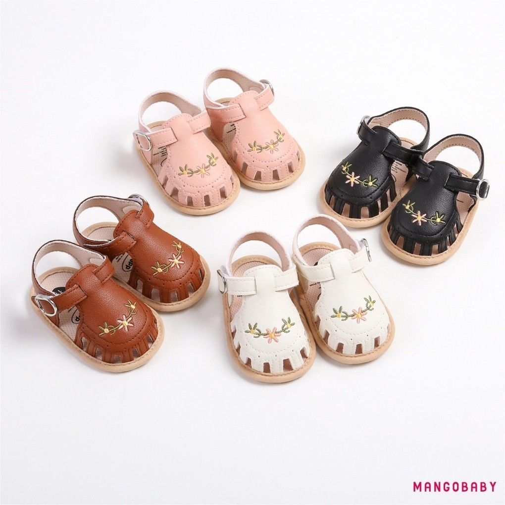 MG-Baby Girl Sandals PU Leather Non-slip Embroidery Flower Summer Flats ...