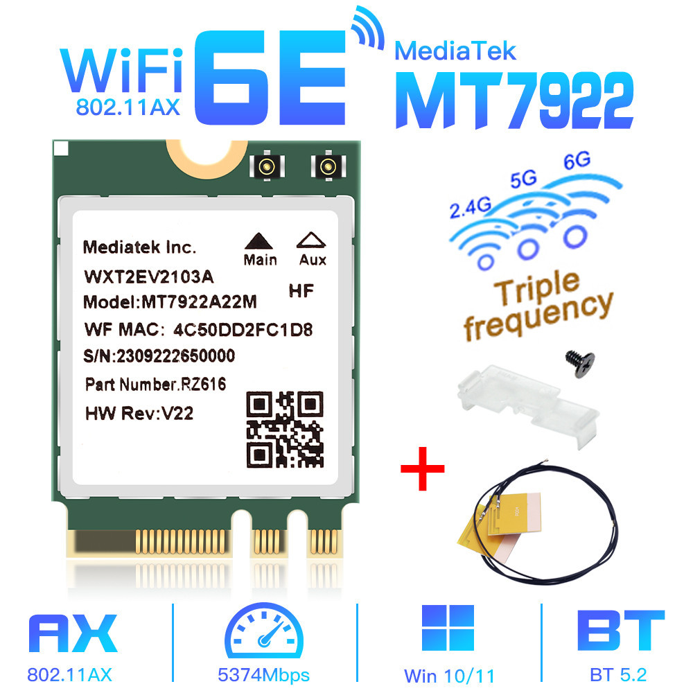 WiFi 6E MT7922 M.2 Wireless Card 5374Mbps Bluetooth 5.2 Network Adapter 802.11ax 2.4G/5G/6GHz ...