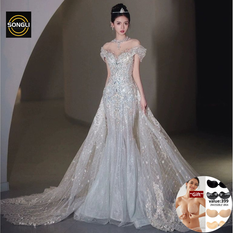 Luxury Off Shoulder Fish Tail Wedding Gown 2024 New Bride French Escape ...
