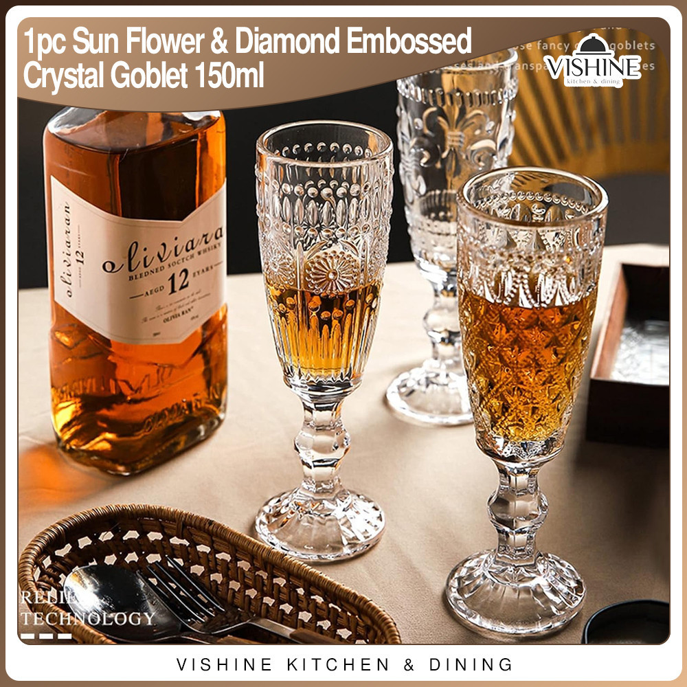 6pcs Set Embossed Crystal Champagne Glassware Sun flower Diamond Cut ...