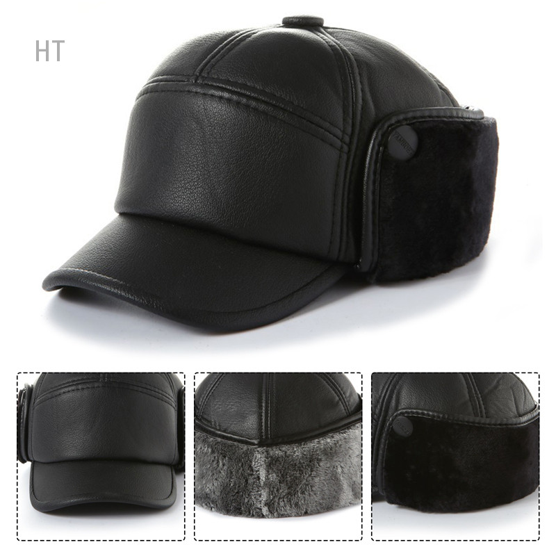 HT unisex Russian Leather Ushanka Cap With Ear Flaps Winter warm Fur ...