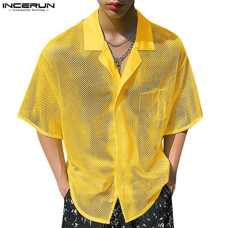 INCERUN Men Korean Fashionable Hollow Out Mesh Design Short Sleeve ...