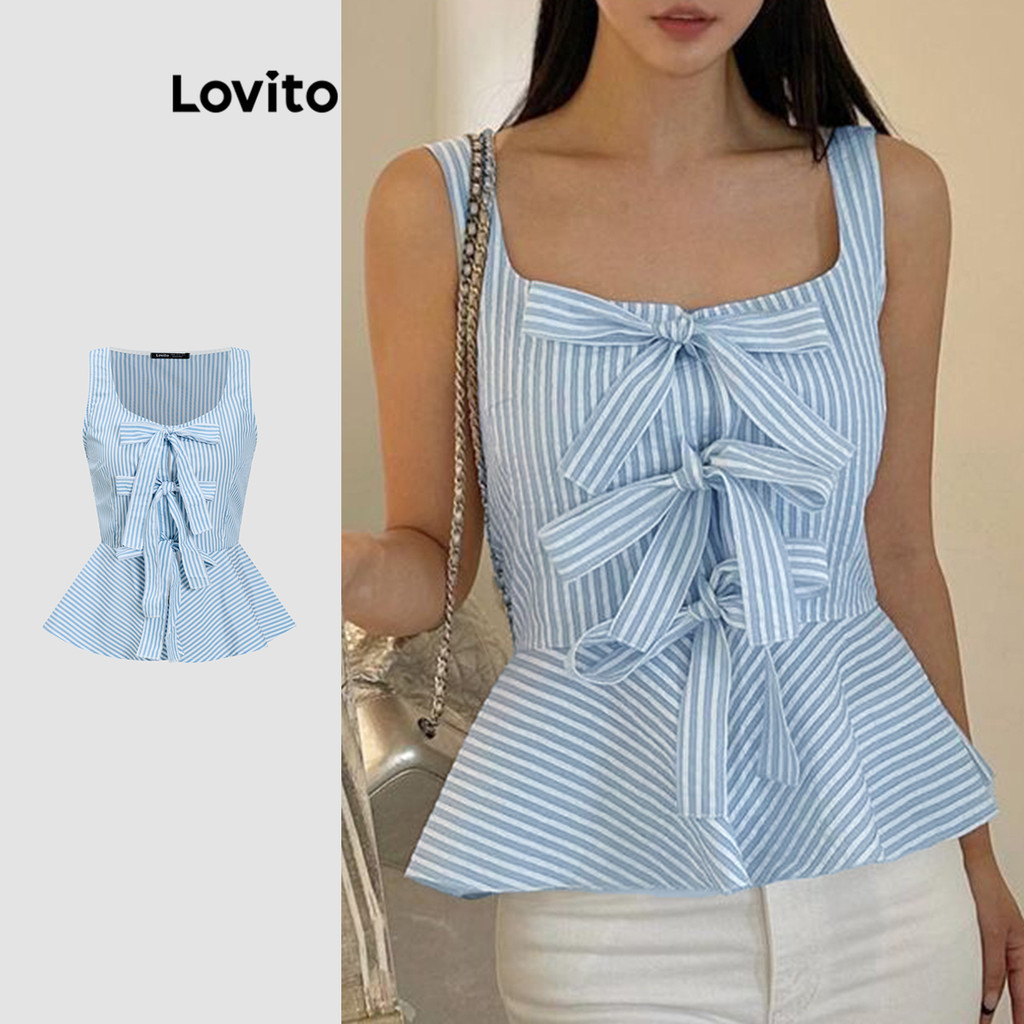 Lovito Women Cute Tank Top Striped Tie Front Tank Top L122AD116 ...