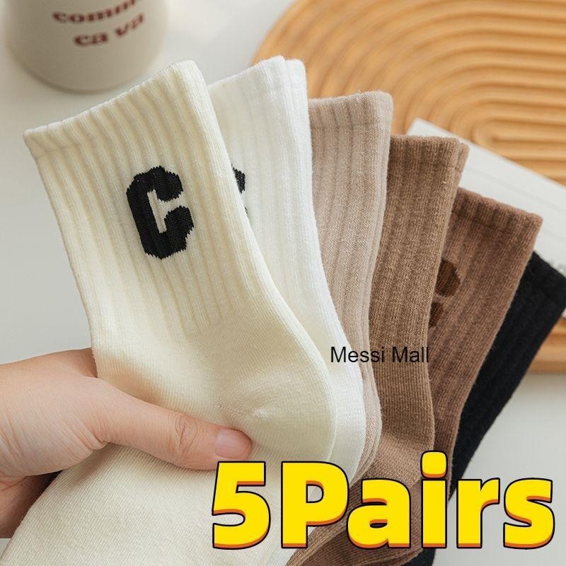 5/10Pair Socks women's mid-cut cotton sweat-absorbing letter C coffee ...