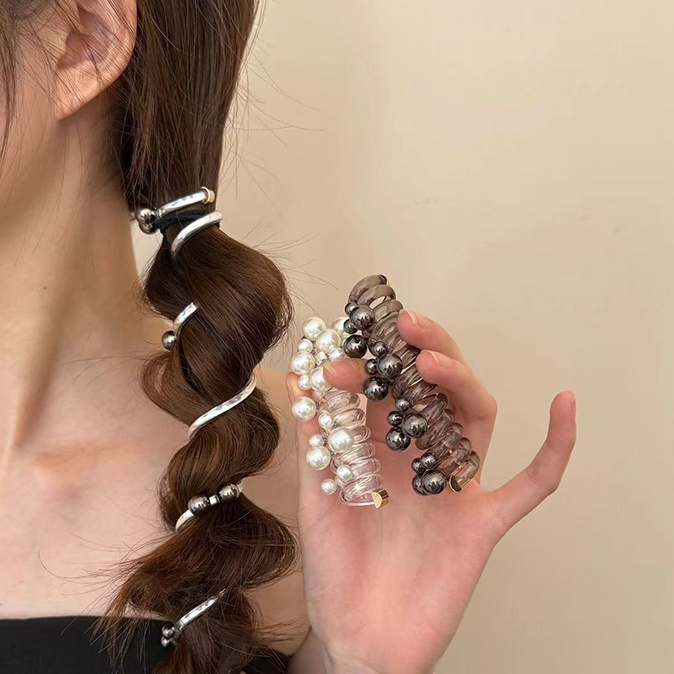 1Pcs Elastic Pearl Decor Spiral Hair Rope Hair Tie Rubber Ponytails for ...