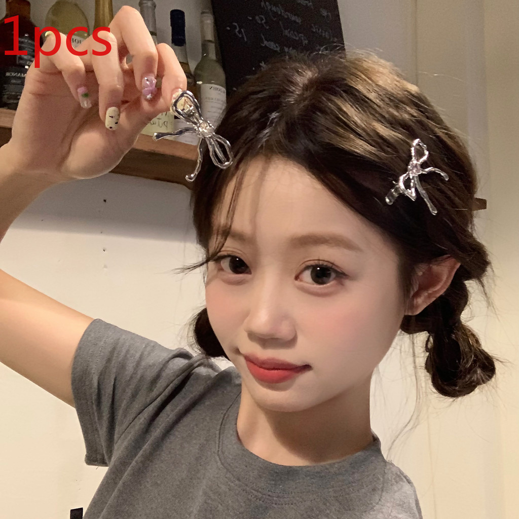 Silver Series Rhinestone Bow Hair Clip Design Sense Liquid Metal Bangs ...