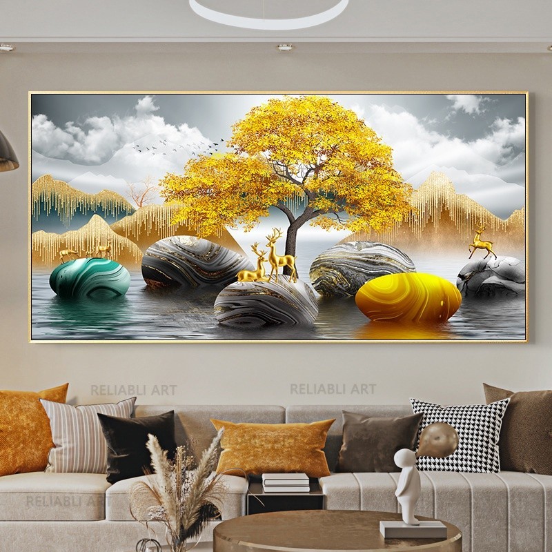 New Feng Shui Golden Money Tree Canvas Painting Wall Art Deer Landscape ...