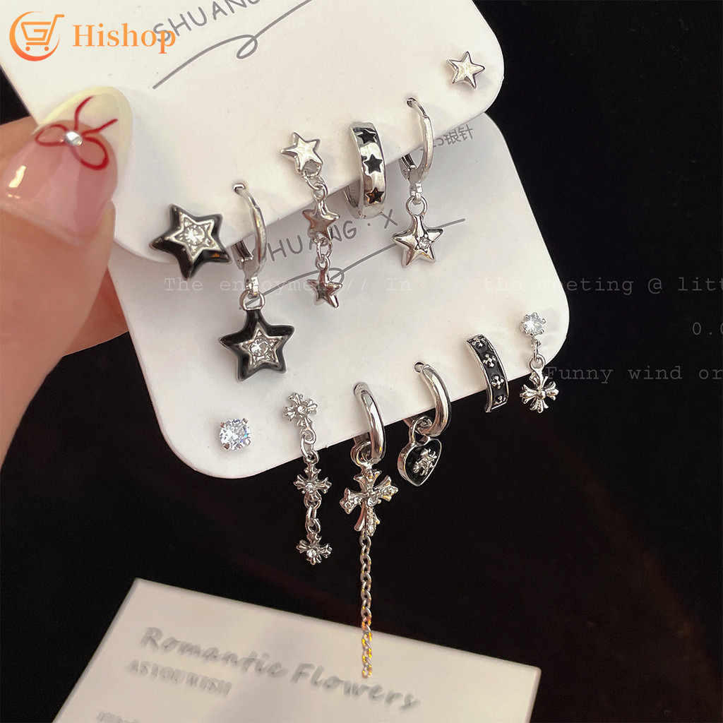 3pair/set Star Cross Piercing Earrings for Women Simple Silver Hoop ...