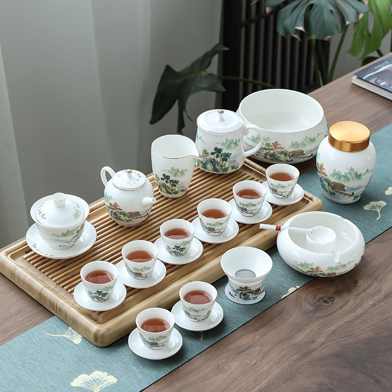 Whole Set Kung Fu Tea Set Lanolin Jade Tao Porcelain Tea Set Home Tea ...