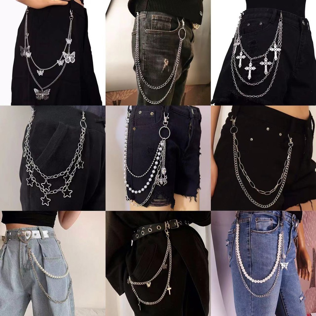 3-layer Goth Belt Chain with Star Pendants Punk Pocket Chain Multi ...