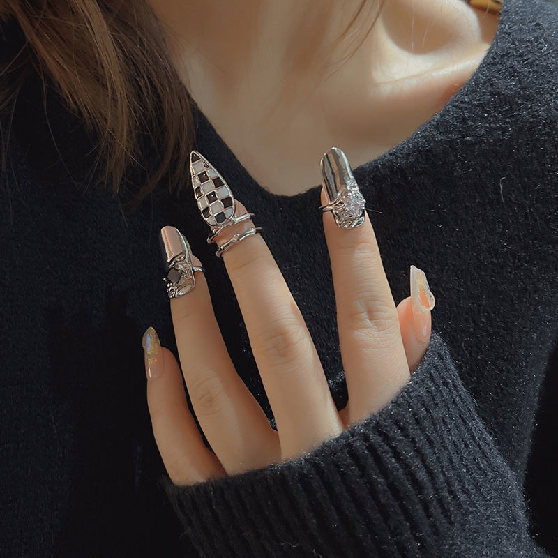 Niche Design Unique Checkerboard Open Nail Ring Sweet Cool Style ...