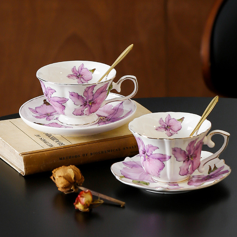 Flowers Gilded Ceramic Coffee Cup Set Purple Lily Cup and Saucer Garden ...