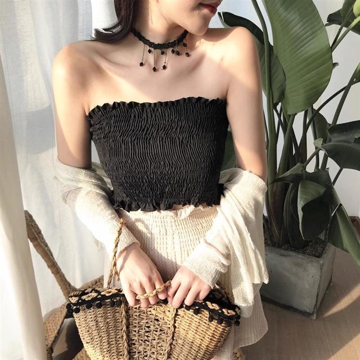 Summer Sexy Women's Fungus Edge Pleated Stretch Tube Top | Shopee ...