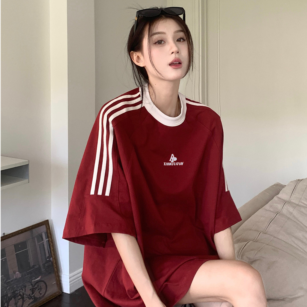 VELIN M-2XL Cotton Tops For Women Korean Printed Round Neck Top Stripe ...