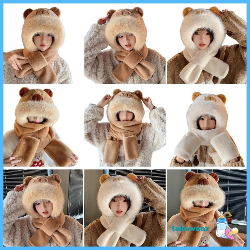 TAKE Furry Cartoon Capybara Hat with Scarf Gloves for Winter Headwear ...