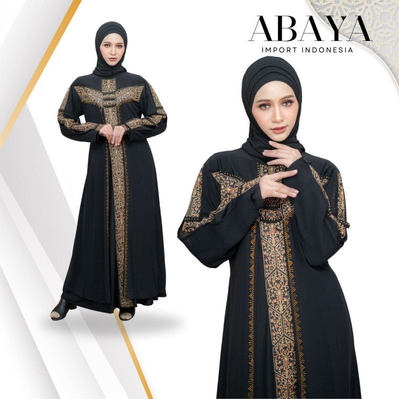 Islamic Abaya Dress Muslim Party Black Gold Embroidery Full Set Rolled ...