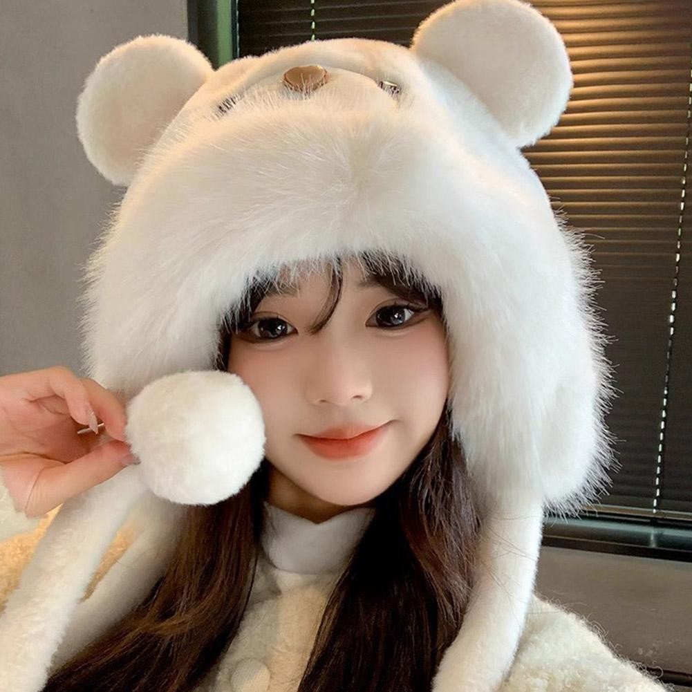 Winter Hat Soft Plush Ear Flaps Bear Head Cute Bear Ears Hat New Year ...